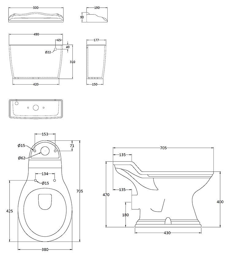 Monaco Traditional Close Coupled Toilet + Soft Close Seat - Bath Head