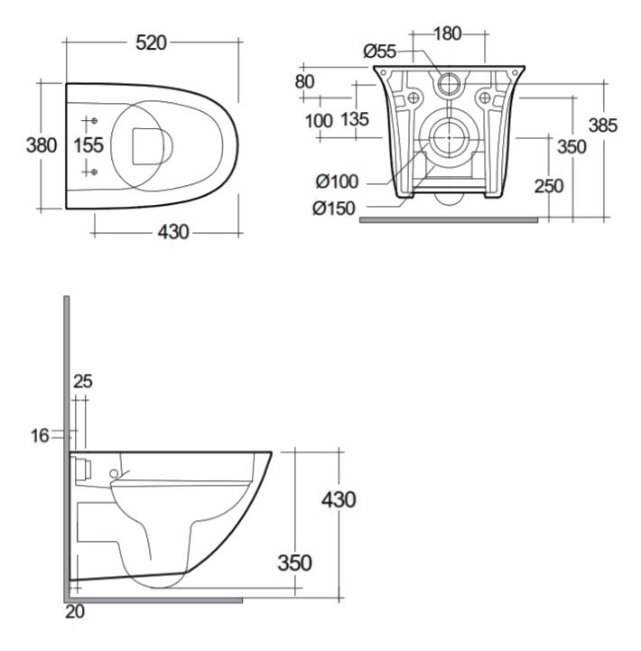 RAK Sensation Rimless Wall Hung Pan + Soft-Close Seat - Bath Head